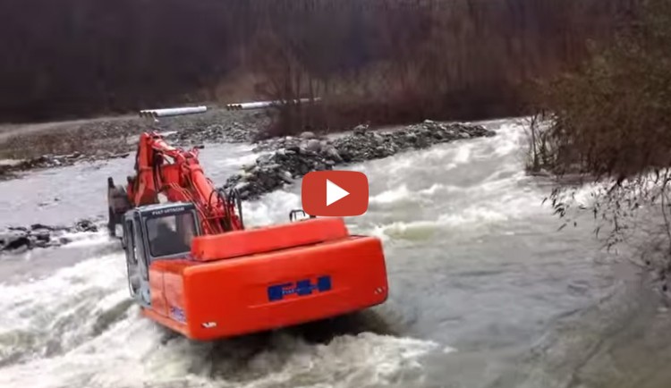 Excavator into very deep water.
