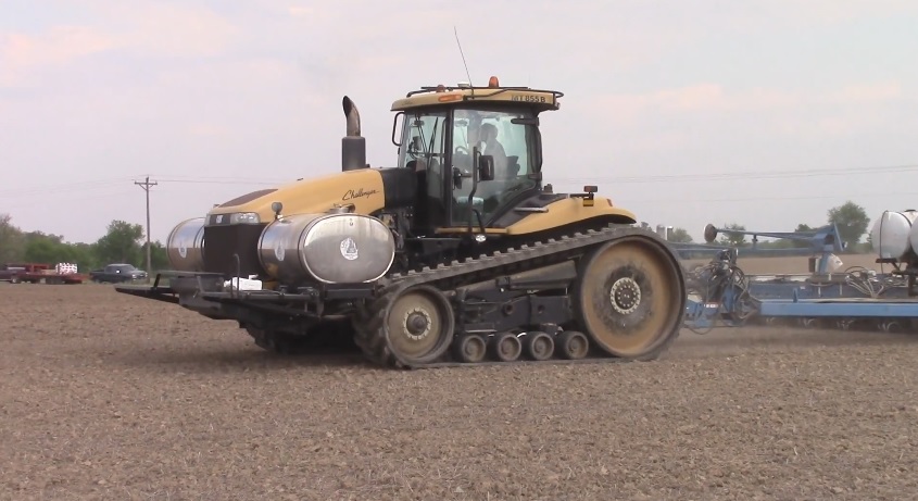 Challenger MT855B tractor planting corn with a 36 row Kinze 3700 ...