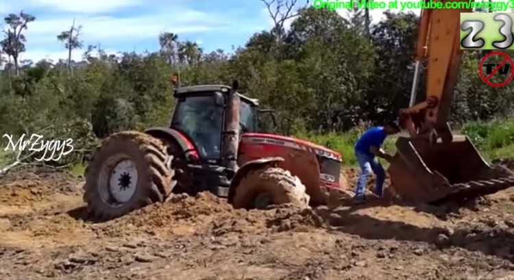 Case Excavator Pulling Massey Ferguson Tractor Stuck. -MrZygy3-
