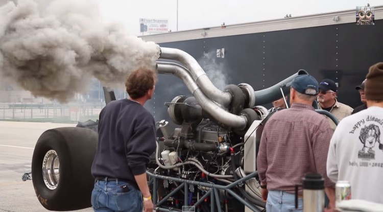 TRIPLE TURBO DIESEL DRAGSTER WARMING UP in the pits at RT66