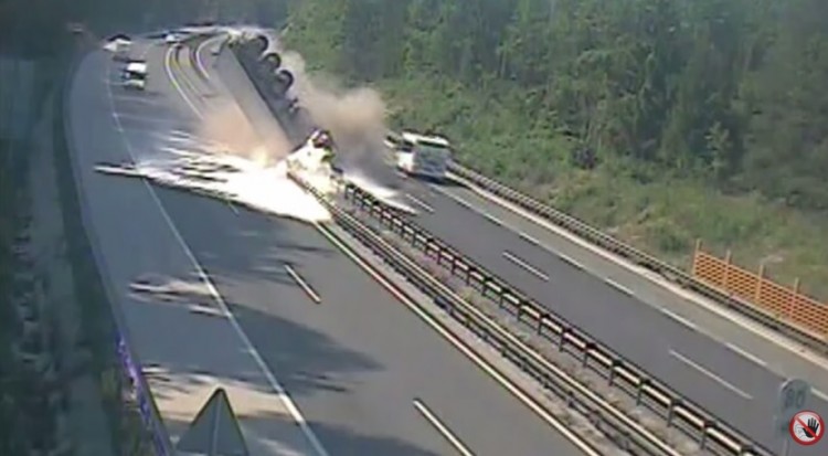 Semi Truck's Tire Explodes While Driving On The Highway. Driver ...