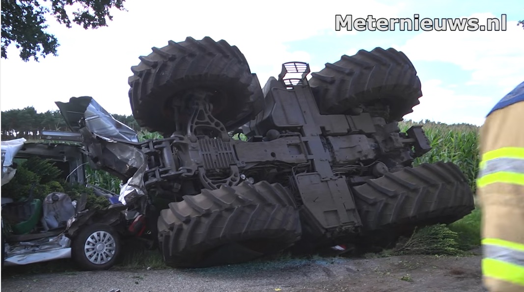 Big accident with car and tractor.