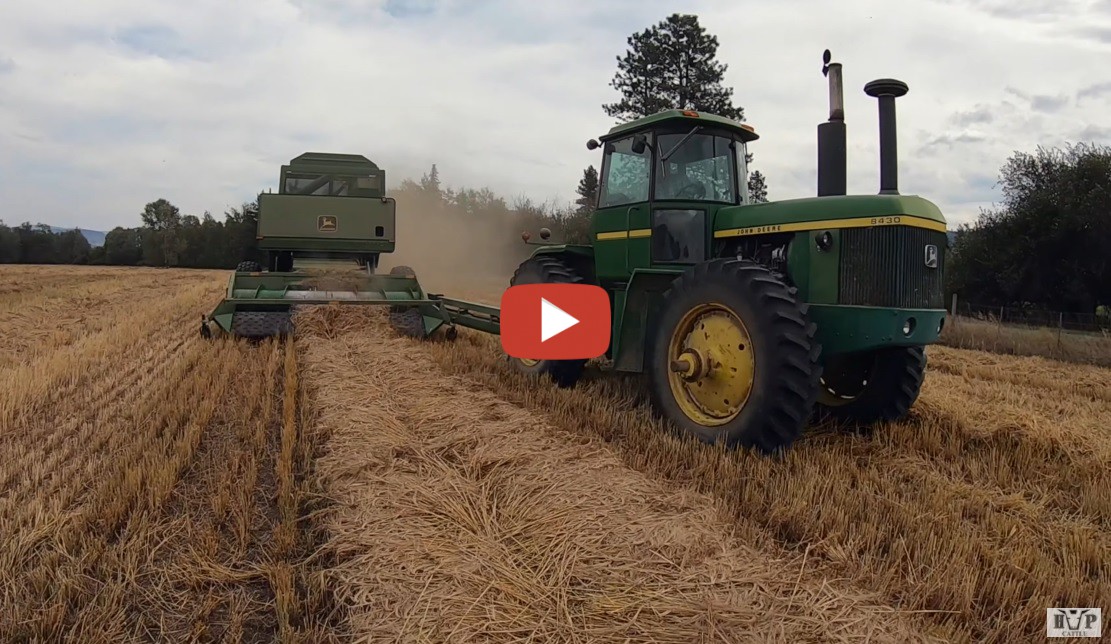 Good oldie here -- John Deere 8430 with pull type John Deere 7721 ...