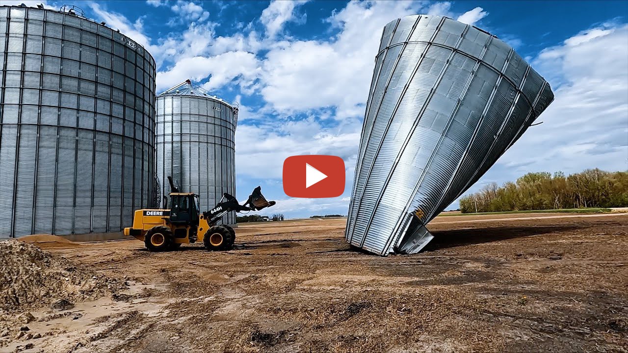 Larson Farms -- Crushing A 30,000 Bushel Bin! Pickup truck stuck and ...