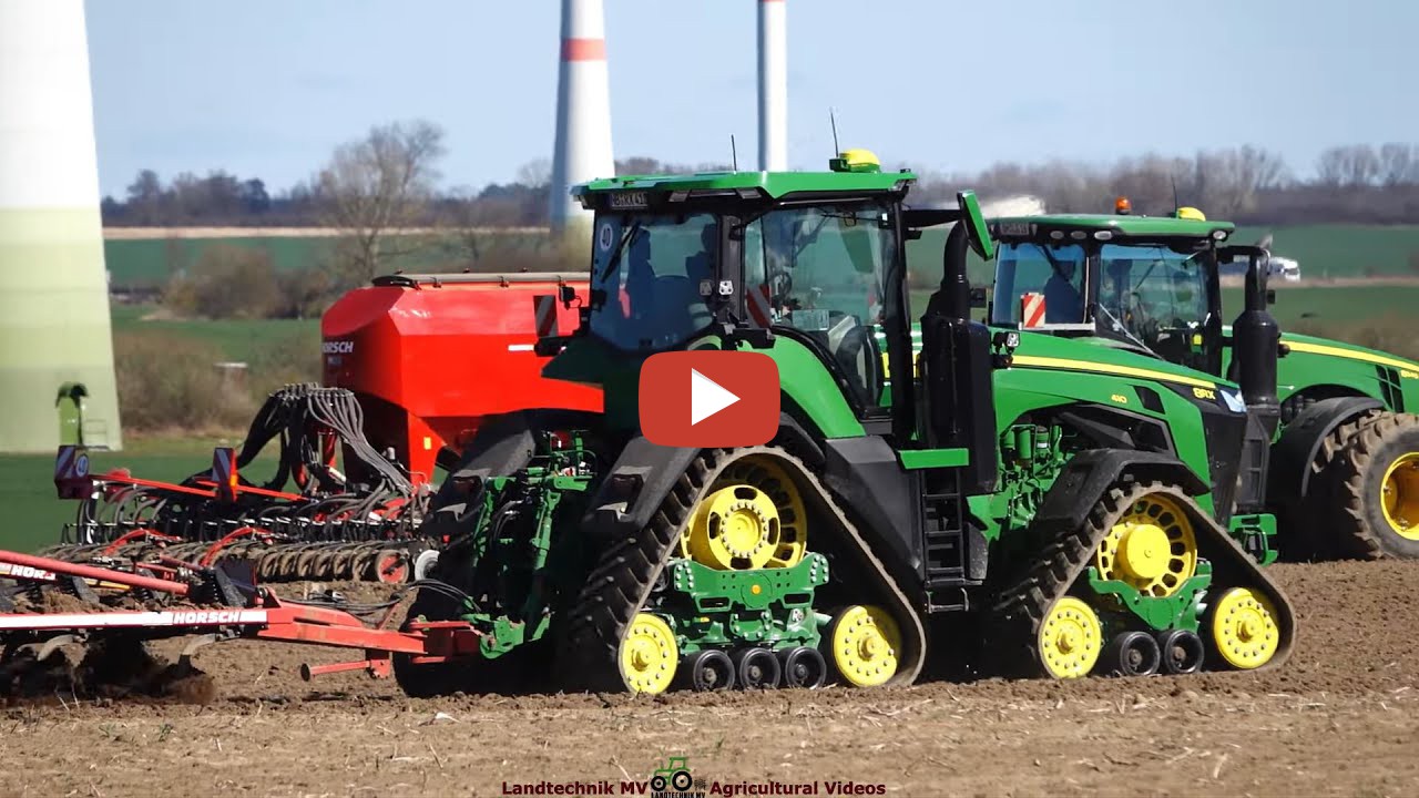 Drilling peas with a John Deere 8RX 410 with a Horsch Tiger 4 AS and a John Deere 8345R with a ...