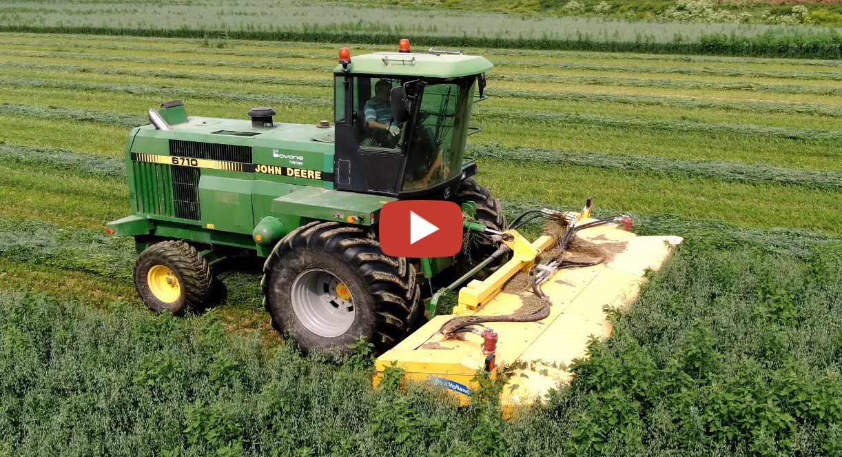 A mixture of alfalfa and oats is being mowed with a John Deere 6710 ...