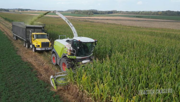 Two Claas Jaguar Forage Harvesters Chopping Corn Silage. Tractor Chasers